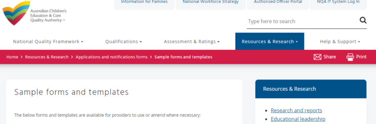 ACECQA – Sample forms and templates – Early Education Leaders Peer Network