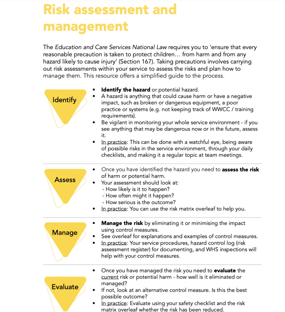 Acecqa Information Sheet Risk Assessment And Management Early